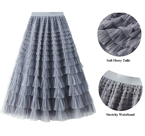Elegant A Line Fairy Tulle Tiered Skirt for Women Elastic High Waist Layered Mesh Tutu Flowy Long Skirts for Women,Grey,Size for 110lbs-175lbs