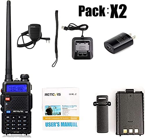 Retevis RT-5R Walkie Talkies Long Range, Dual Band 128CH High Power Handheld Two Way Radios, 1400mAh Rechargeable 2 Way Radios with Shoulder Mic, for Hunt, Hiking (2 Pack)