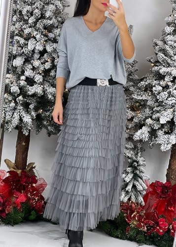Elegant A Line Fairy Tulle Tiered Skirt for Women Elastic High Waist Layered Mesh Tutu Flowy Long Skirts for Women,Grey,Size for 110lbs-175lbs