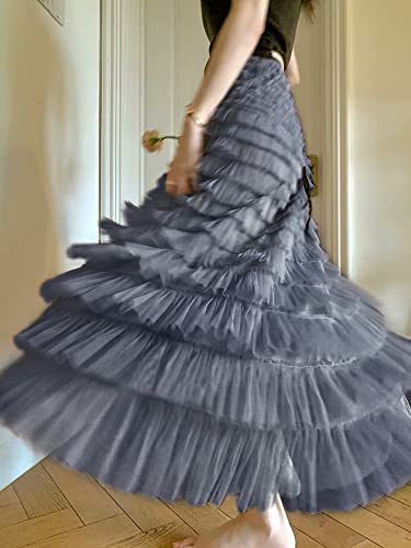 Elegant A Line Fairy Tulle Tiered Skirt for Women Elastic High Waist Layered Mesh Tutu Flowy Long Skirts for Women,Grey,Size for 110lbs-175lbs