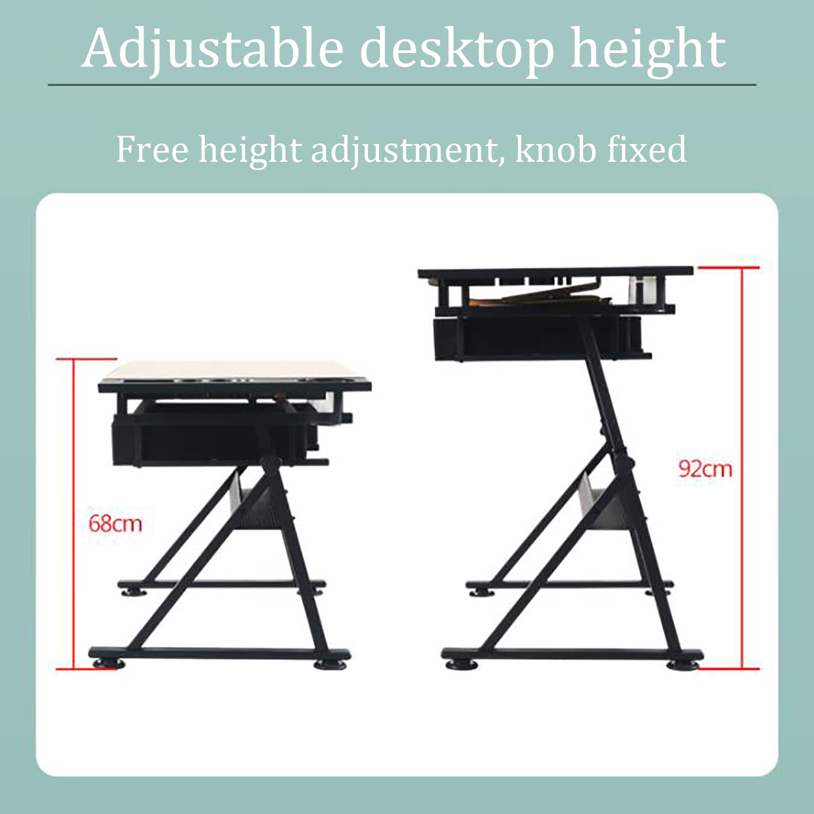 EESHHA Drawing Table Adjustable Height Drafting Desk/Tiltable Glass Tabletop Drawing Table with 2 Storage Drawers and One Side, for Reading, Writing Art Craft W/Stool, 90 * 60 * 78-93CM