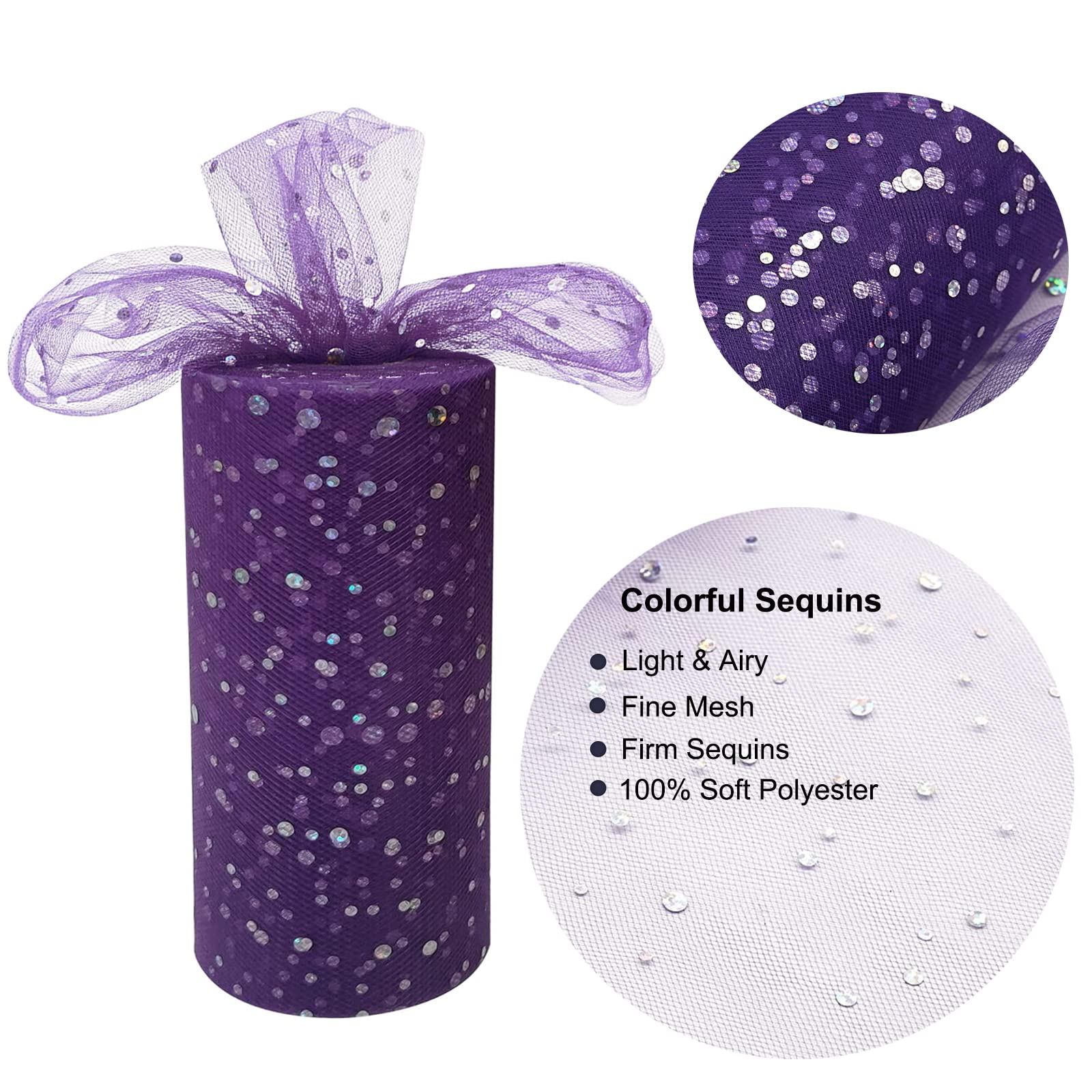 Glitter Tulle Rolls, 6” by 50 Yards (150FT) Sparkling Tulle Spool Ribbon Sequin Tulle Netting Fabric for Tutu Skirt Wedding Birthday Baby Shower (Purple)