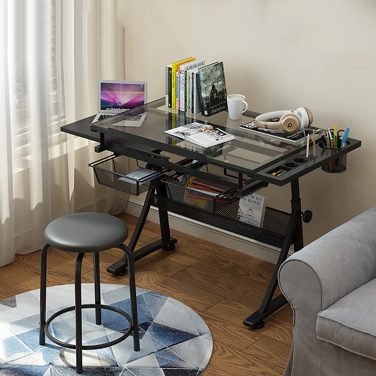 EESHHA Drawing Table Adjustable Height Drafting Desk/Tiltable Glass Tabletop Drawing Table with 2 Storage Drawers and One Side, for Reading, Writing Art Craft W/Stool, 90 * 60 * 78-93CM