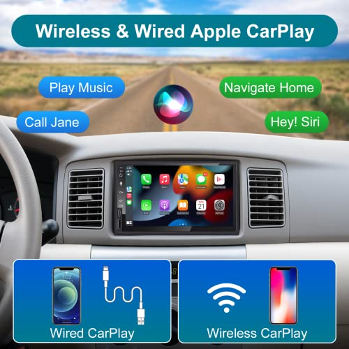 7 Inch Double Din Car Stereo with Wireless CarPlay & Wireless Android Auto,Car Radio Touchscreen with Bluetooth,Live Rearview Camera,Type C Fast Charge,Airplay,USB/SWC/AUX,AM/FM Car Radio