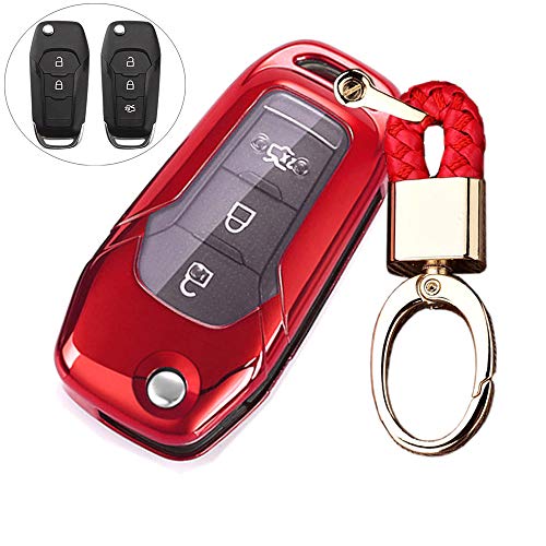 ROYALFOX(TM 2 3 Buttons Soft TPU flip Remote Key Fob case Cover for 2015 2016 2017 2018 2019 Ford F150 F250,Focus 3 Escort Kuga Everest Fiesta Mustang Edge MKV Fusion 2016 Ranger (red)
