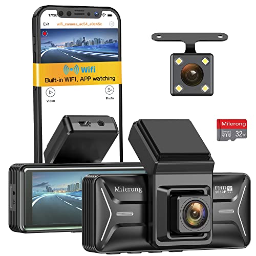 Milerong Dash Cam Front and Rear, FHD 1080P WiFi Dash Cam Pro, Dash Camera with SD Card, 3.16" Screen Car Dashcam with Enhanced Night Vision,Adjustable Camera, 24Hrs Parking Mode, Motion Detection,WDR