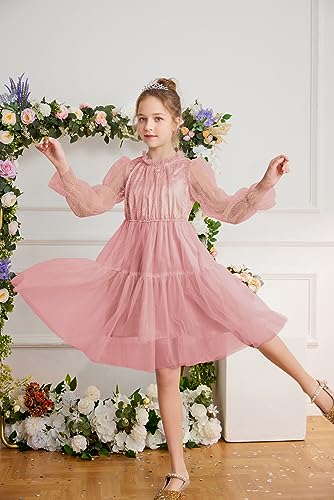 GRACE KARIN Girls Pink Dress Mesh Long Sleeve Flared Party Dresses Size 5-6 Fall Flower