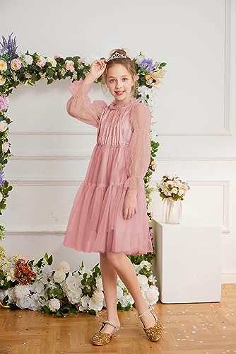 GRACE KARIN Girls Pink Dress Mesh Long Sleeve Flared Party Dresses Size 5-6 Fall Flower