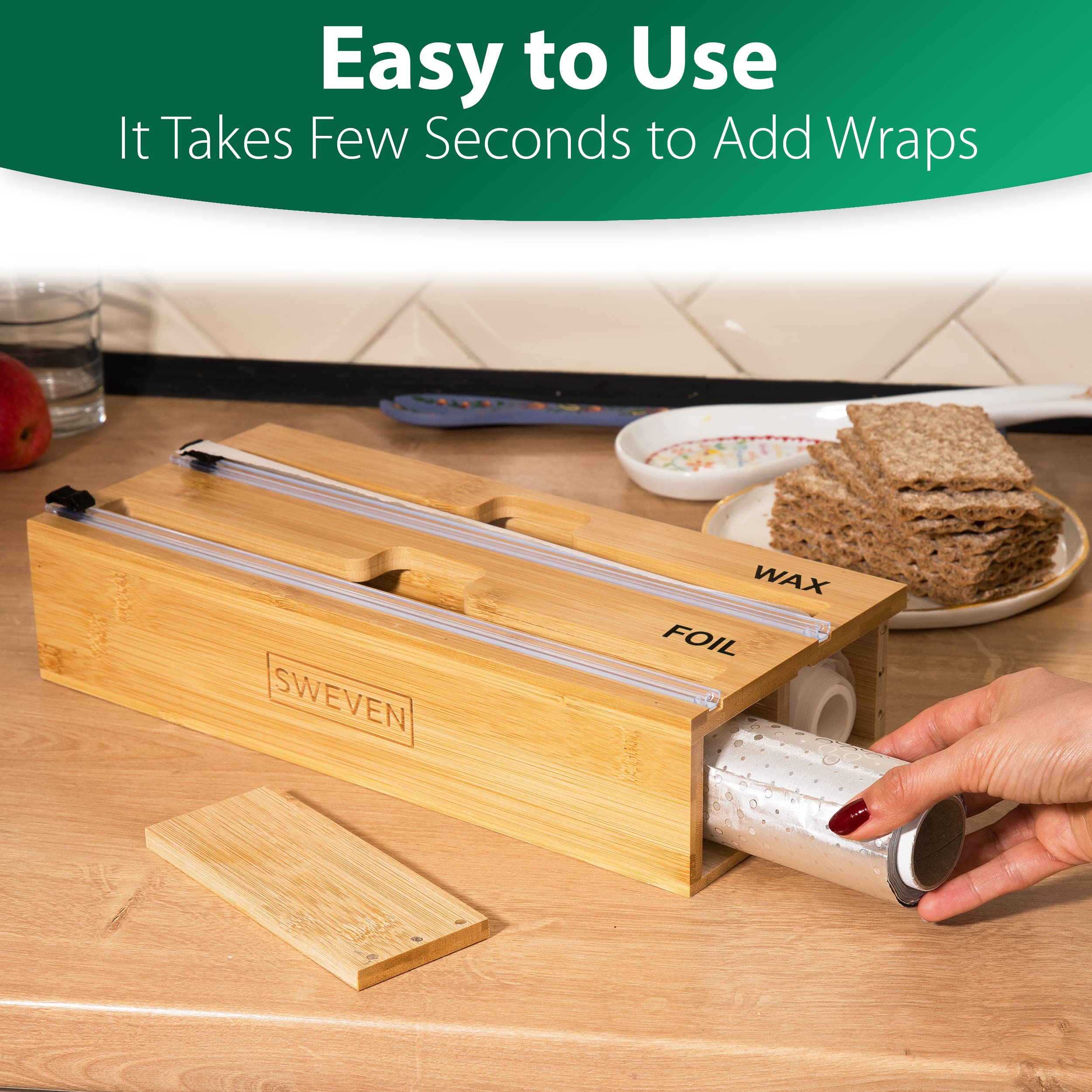 Plastic Wrap Organizer for drawer | Saran Wrap, Aluminum Foil, Wax Paper and Plastic Wrap Dispenser with Cutter | Perfect Kitchen Organizer | Labels Included | Compatible with 12" Roll (2 Slot)