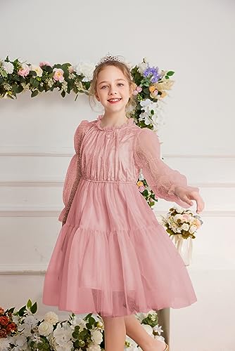 GRACE KARIN Girls Pink Dress Mesh Long Sleeve Flared Party Dresses Size 5-6 Fall Flower
