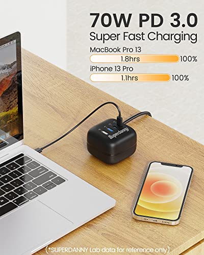 USB C Charger Station, SUPERDANNY GaN 70W USB C Charger, 4-Port USB Charging Hub with 4ft Cord, USB-C PD/USB-A QC Fast Charge Hub Compatible for MacBook, Laptops, iPad, iPhone, Samsung Galaxy, Black
