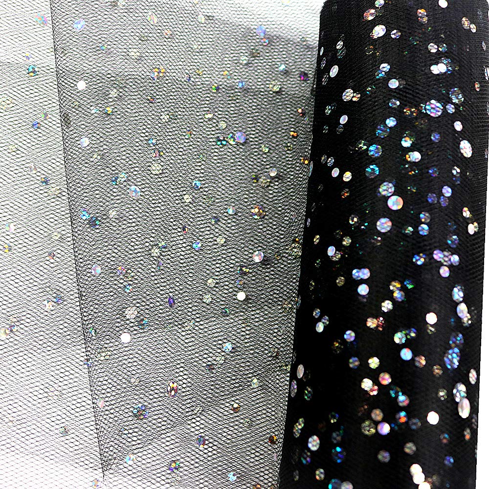 Yuanchuan Laser Sequin Glitter Tulle Rolls 6 inch x 10 Yards (30 feet) Black Tulle Rolls Fabric Tutu for DIY Skirts Wedding Gift Wrap Sewing Crafting Bow Bridal Decorations Birthday Party (Black)