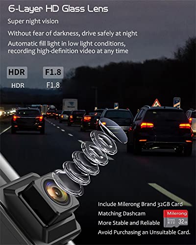 Milerong Dash Cam Front and Rear, FHD 1080P WiFi Dash Cam Pro, Dash Camera with SD Card, 3.16" Screen Car Dashcam with Enhanced Night Vision,Adjustable Camera, 24Hrs Parking Mode, Motion Detection,WDR