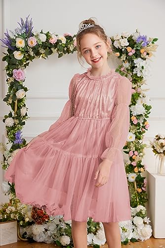 GRACE KARIN Girls Pink Dress Mesh Long Sleeve Flared Party Dresses Size 5-6 Fall Flower