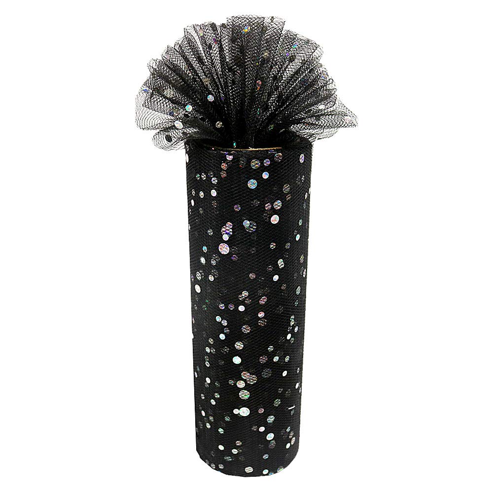 Yuanchuan Laser Sequin Glitter Tulle Rolls 6 inch x 10 Yards (30 feet) Black Tulle Rolls Fabric Tutu for DIY Skirts Wedding Gift Wrap Sewing Crafting Bow Bridal Decorations Birthday Party (Black)