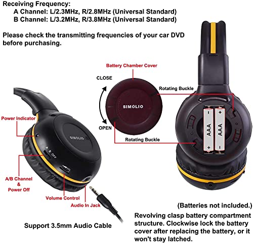 SIMOLIO 3 Pack Wireless IR Headphones for Honda & Odyssey, CR-V, Accord, Pilot, Ridgeline, RDX, MDX, with Carrying Cases/AUX Cord, Share Port, 2 Channel Folding IR Car DVD Replacement Headsets