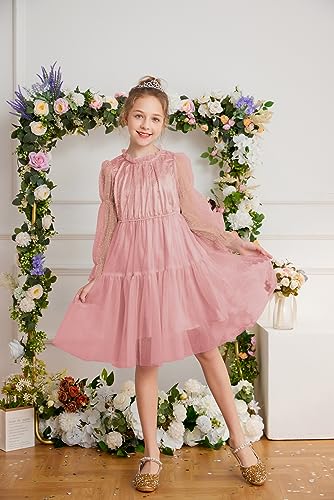 GRACE KARIN Girls Pink Dress Mesh Long Sleeve Flared Party Dresses Size 5-6 Fall Flower