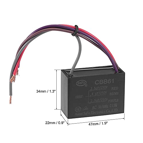 uxcell Ceiling Fan Capacitor CBB61 3.5/4/2.5uF 250V AC 4 Wires Metallized Polypropylene Film Capacitor 47x34x22mm for Electric Fan Pump Motor Generator 2Pcs