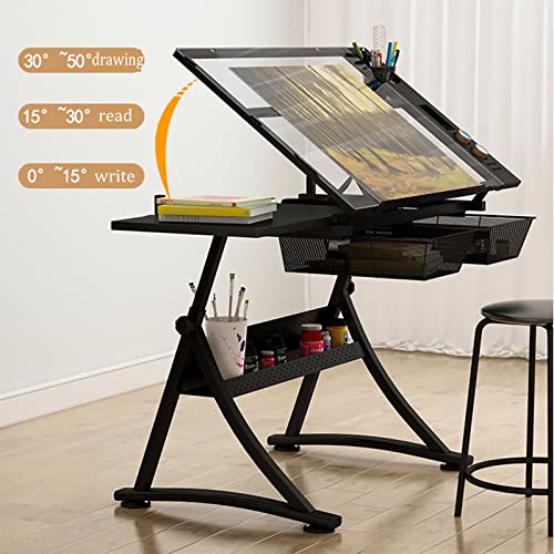 VejiA Glass Drafting Table, Height Adjustable Drawing Desk with Stool, Tiltable Desk Art Table 0°-50°, Tempered Glass Top Painting Desk, Art Craft Work Station, with