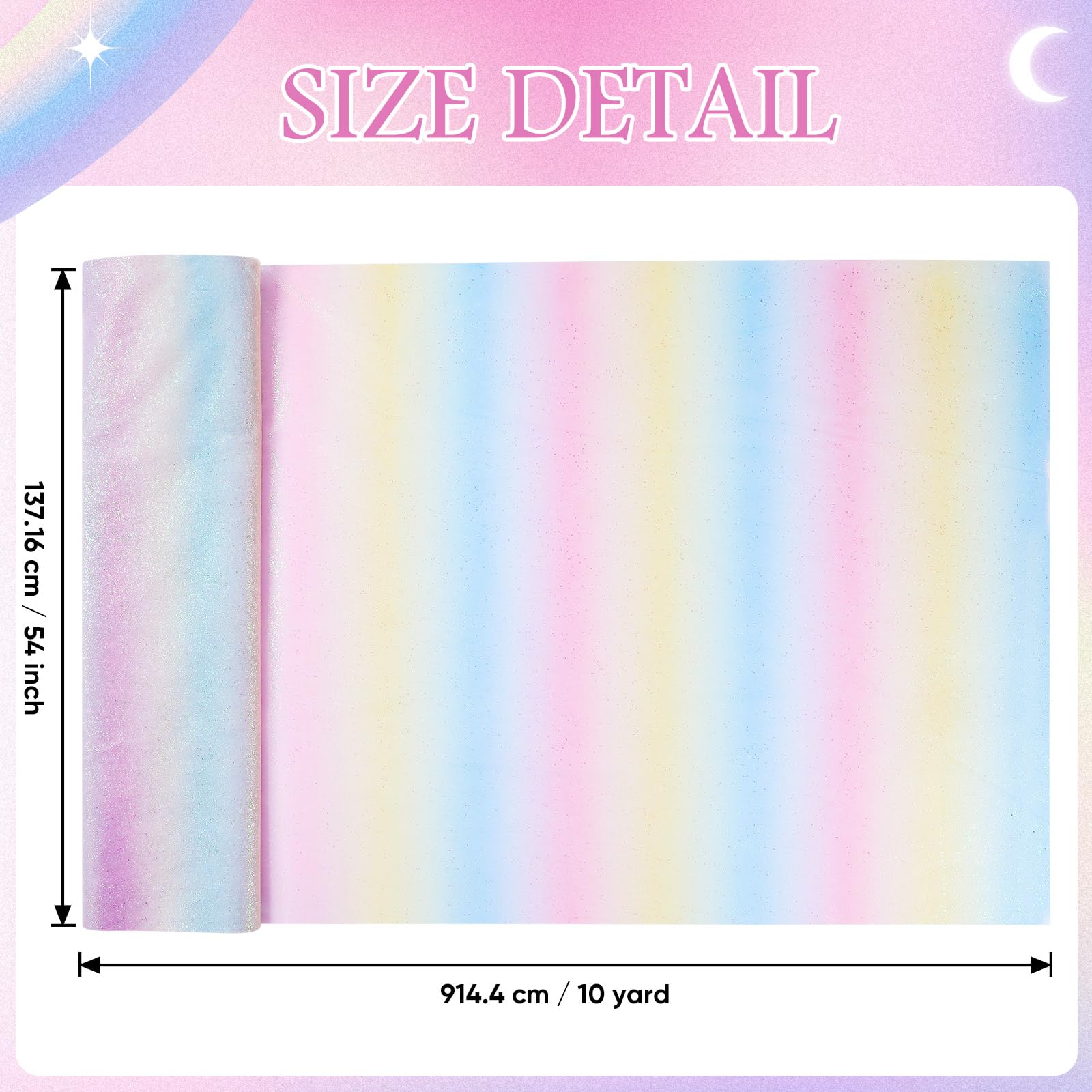 Timgle 10 Yards Rainbow Glitter Tulle 54 in Tulle Fabric Pastel Tulle Mesh Iridescent Girl Fabric for Table Chair Sash Bow Tutu Skirt Sewing Crafting Gift Wrapping Wedding Party Backdrop,30 Ft