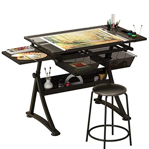 VejiA Glass Drafting Table, Height Adjustable Drawing Desk with Stool, Tiltable Desk Art Table 0°-50°, Tempered Glass Top Painting Desk, Art Craft Work Station, with