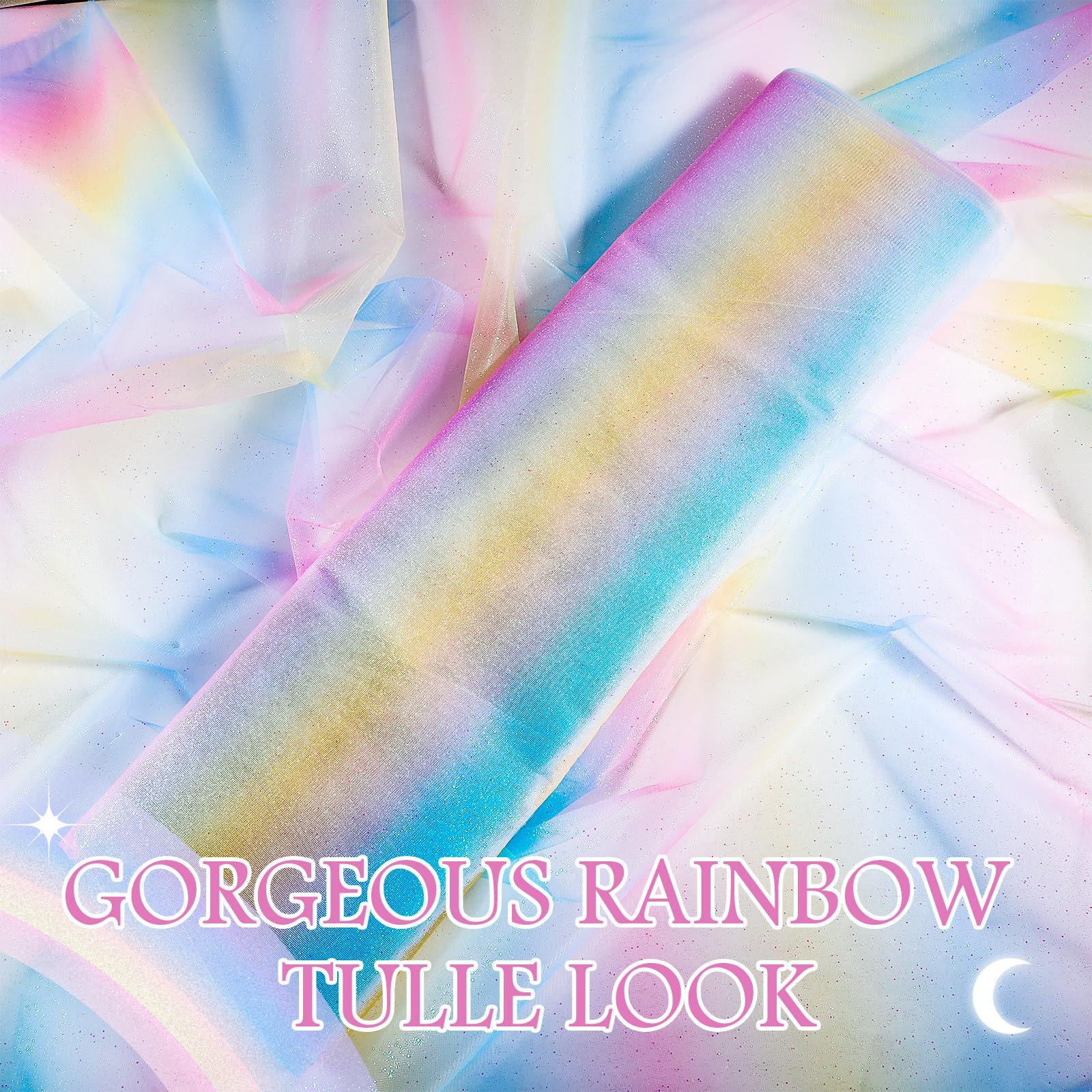 Timgle 10 Yards Rainbow Glitter Tulle 54 in Tulle Fabric Pastel Tulle Mesh Iridescent Girl Fabric for Table Chair Sash Bow Tutu Skirt Sewing Crafting Gift Wrapping Wedding Party Backdrop,30 Ft