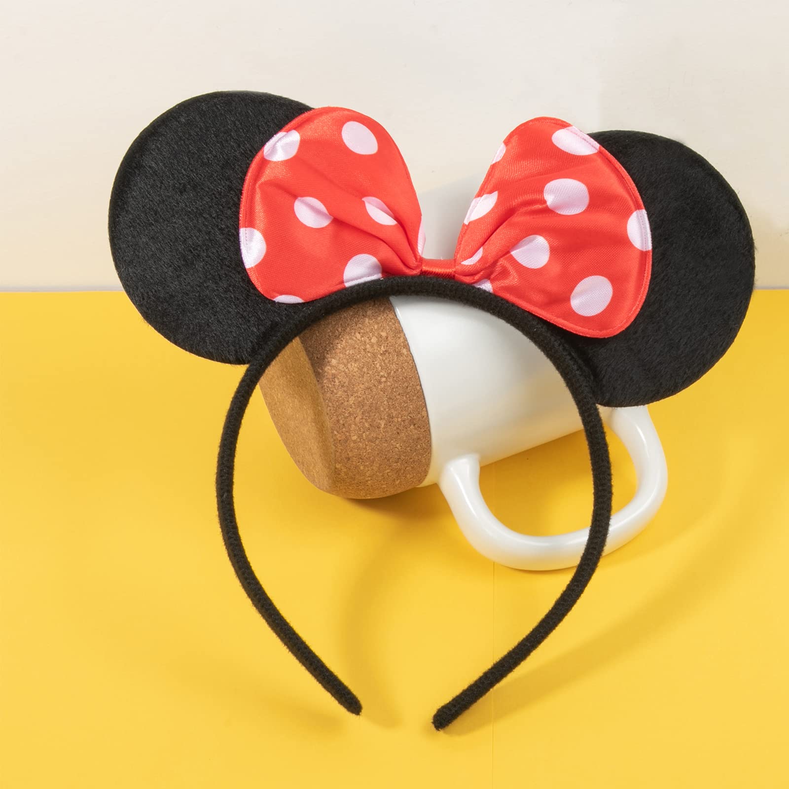 CHuangQi 12pcs Mouse Ears Solid Black and Red Bow Headband for Boys and Girls Birthday Party Celebration or Event