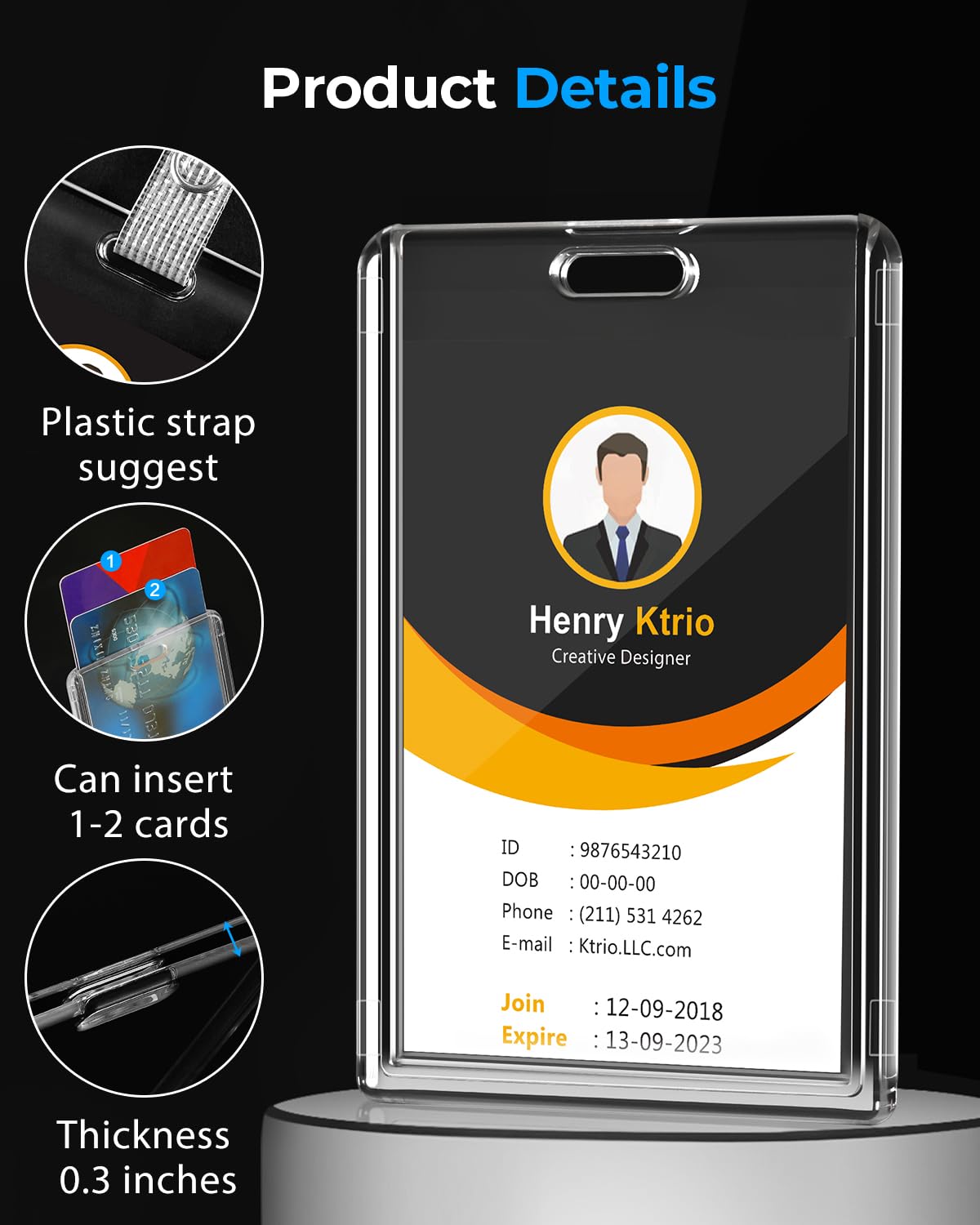 KTRIO 2 Pack Heavy Duty Badge Holder, Clear Acrylic ID Card Holder with Easy Access Thumb Hole, Hard Plastic ID Badge Holder for Student, Nurse and Office - Vertical