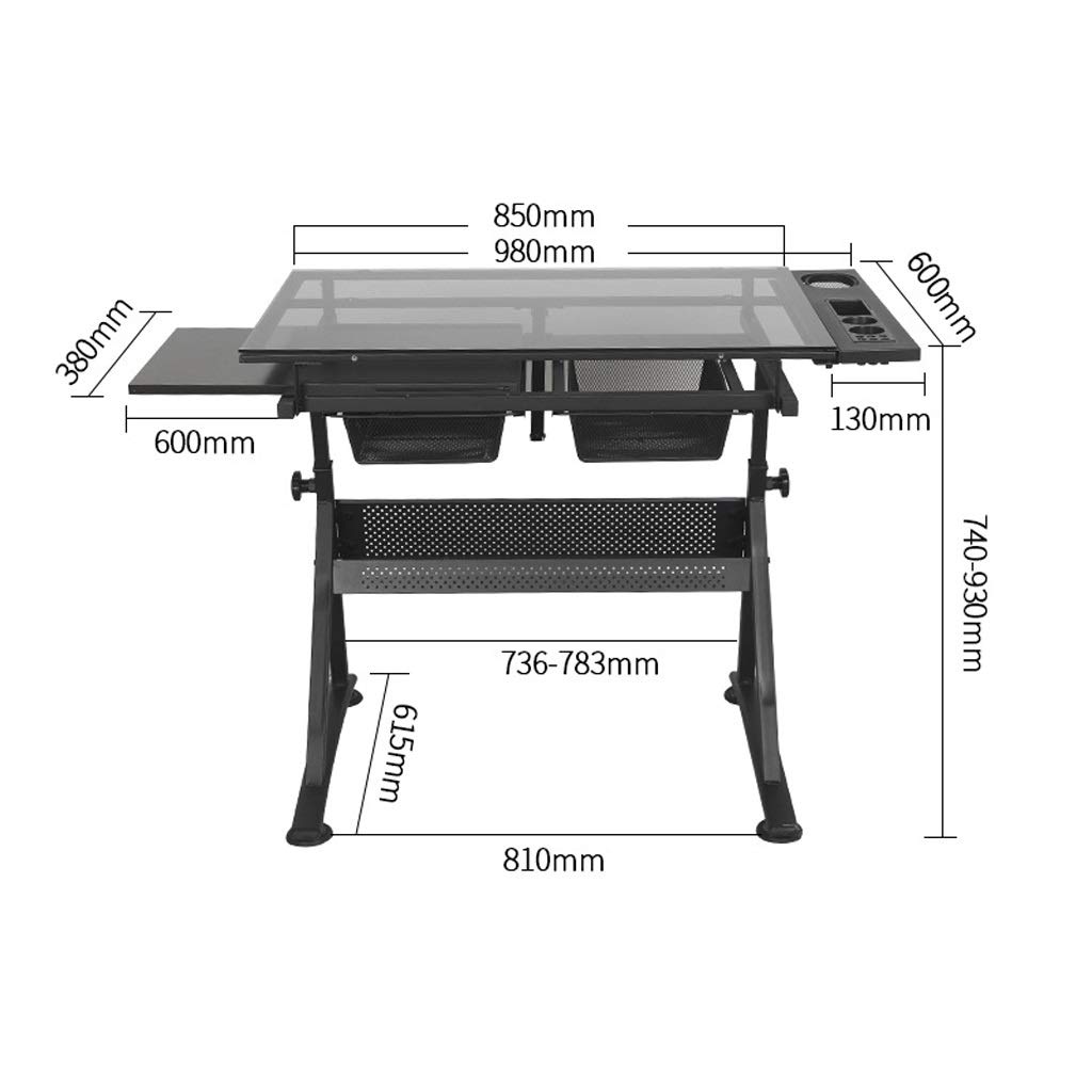 VejiA Drafting Table with Storage, Height Adjustable Tiltable Art Desk, Glass Panel Drawing Desk, for Work Study Painting Craft Table