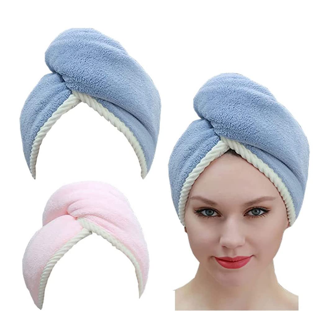 Xicks Ultra Plush Microfiber Hair Towel Wrap for Women, 2 Pack Super Absorbent Quick Dry Hair Turban for Drying Cap Hair Wrap (Pink and Blue)