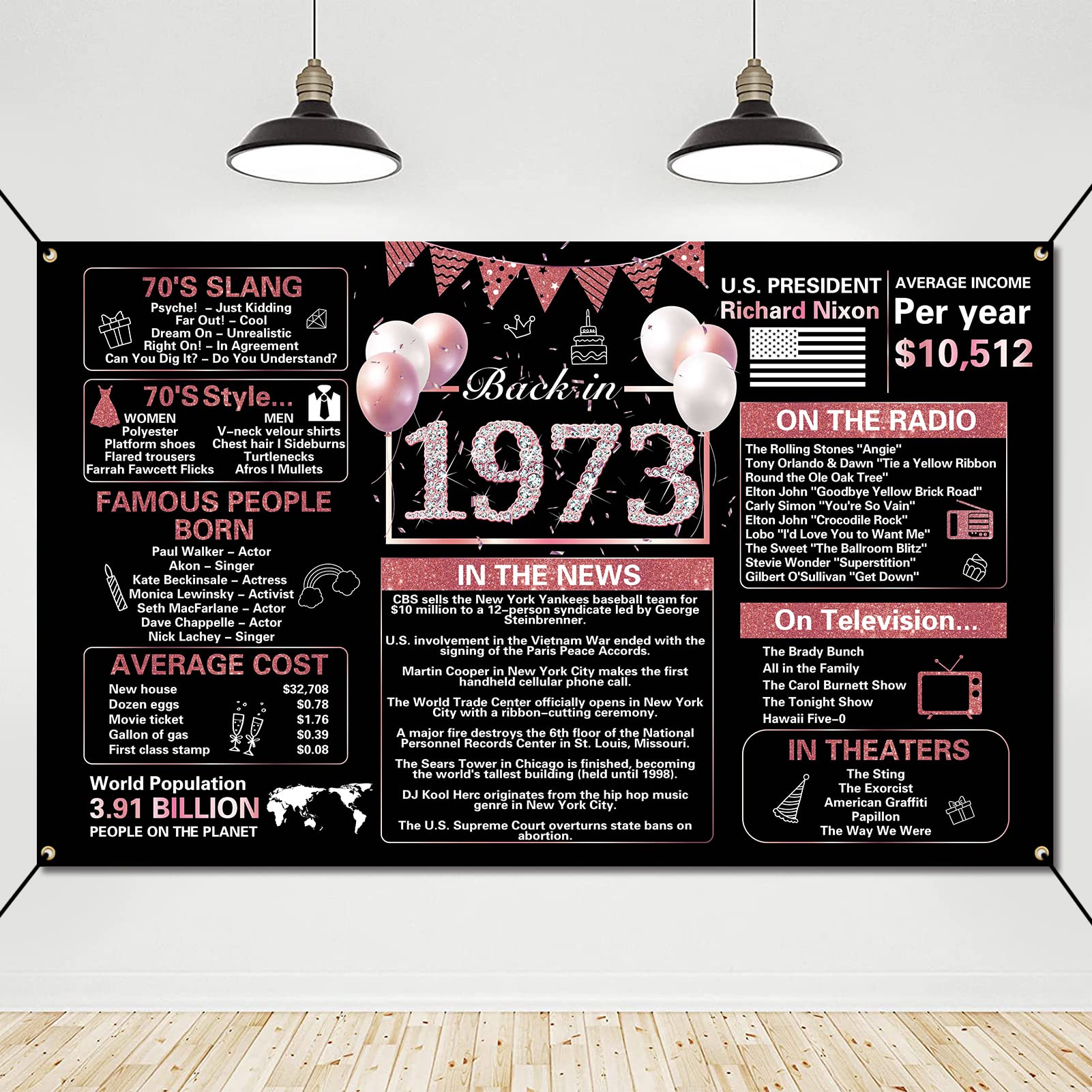Crenics Rose Gold 50th Birthday Decorations for Women, Vintage Back in 1973 Birthday Backdrop Banner, Large 50 Years Old Birthday Anniversary Poster Photo Background Party Supplies, 5.9 x 3.6 Ft