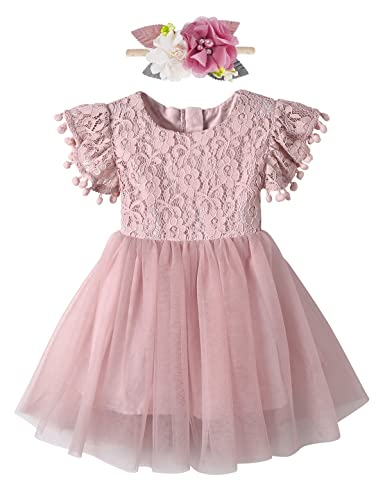 Tutu Dreams Girl Lace Tulle Dress Princess Flower Girl Dresses Birthday Boho Party (4T, Dusty Rose)