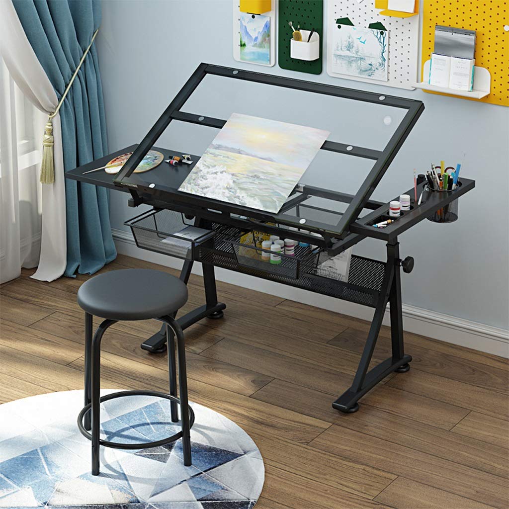 VejiA Drafting Table with Storage, Height Adjustable Tiltable Art Desk, Glass Panel Drawing Desk, for Work Study Painting Craft Table