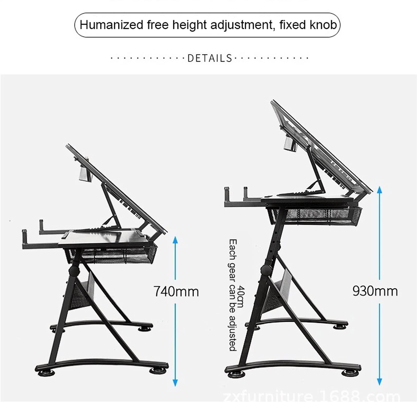 Adjustable Glass Drafting Table,Versatile Art Study Table,with Storage Drawers,Art Studio Design Sketching Painting Work Station