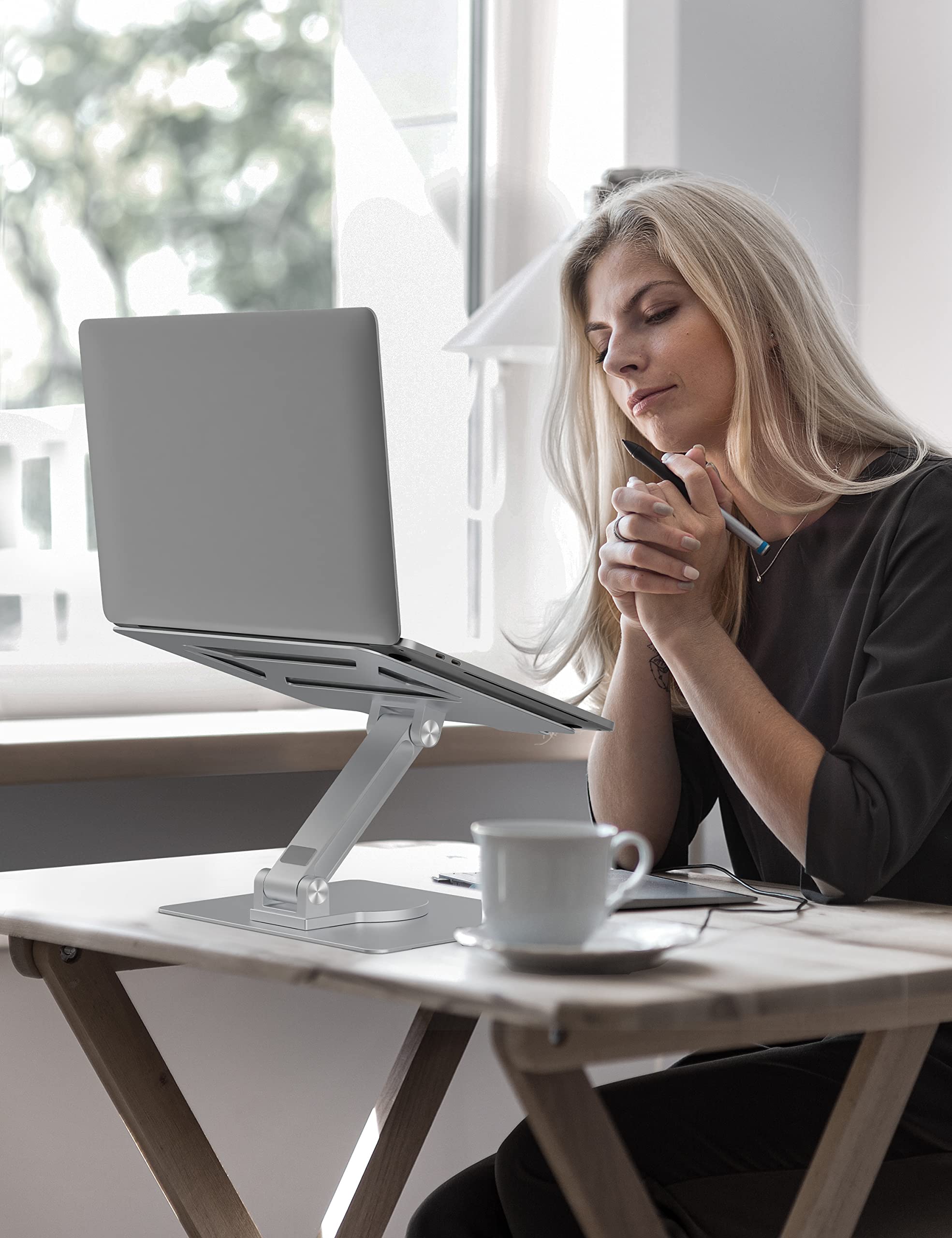 SOUNDANCE Adjustable Laptop Stand with 360° Rotating Heavy Base, Ergonomic Laptop Riser for Desk, Stable Laptop Holder for Collaborative Working, Suit for 10-15.6" PC Computer, Single Shaft, Silver