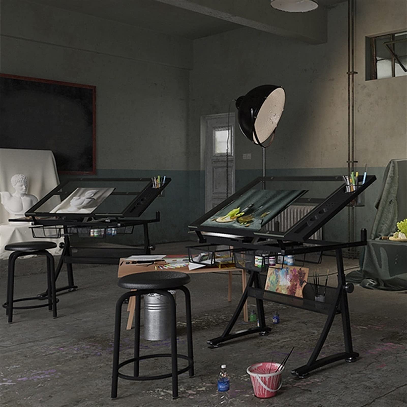 Adjustable Glass Drafting Table,Versatile Art Study Table,with Storage Drawers,Art Studio Design Sketching Painting Work Station