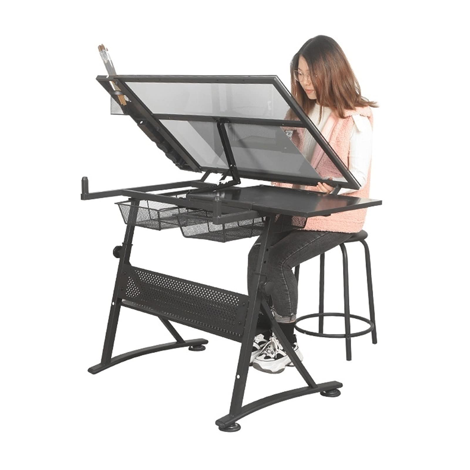 Adjustable Glass Drafting Table,Versatile Art Study Table,with Storage Drawers,Art Studio Design Sketching Painting Work Station