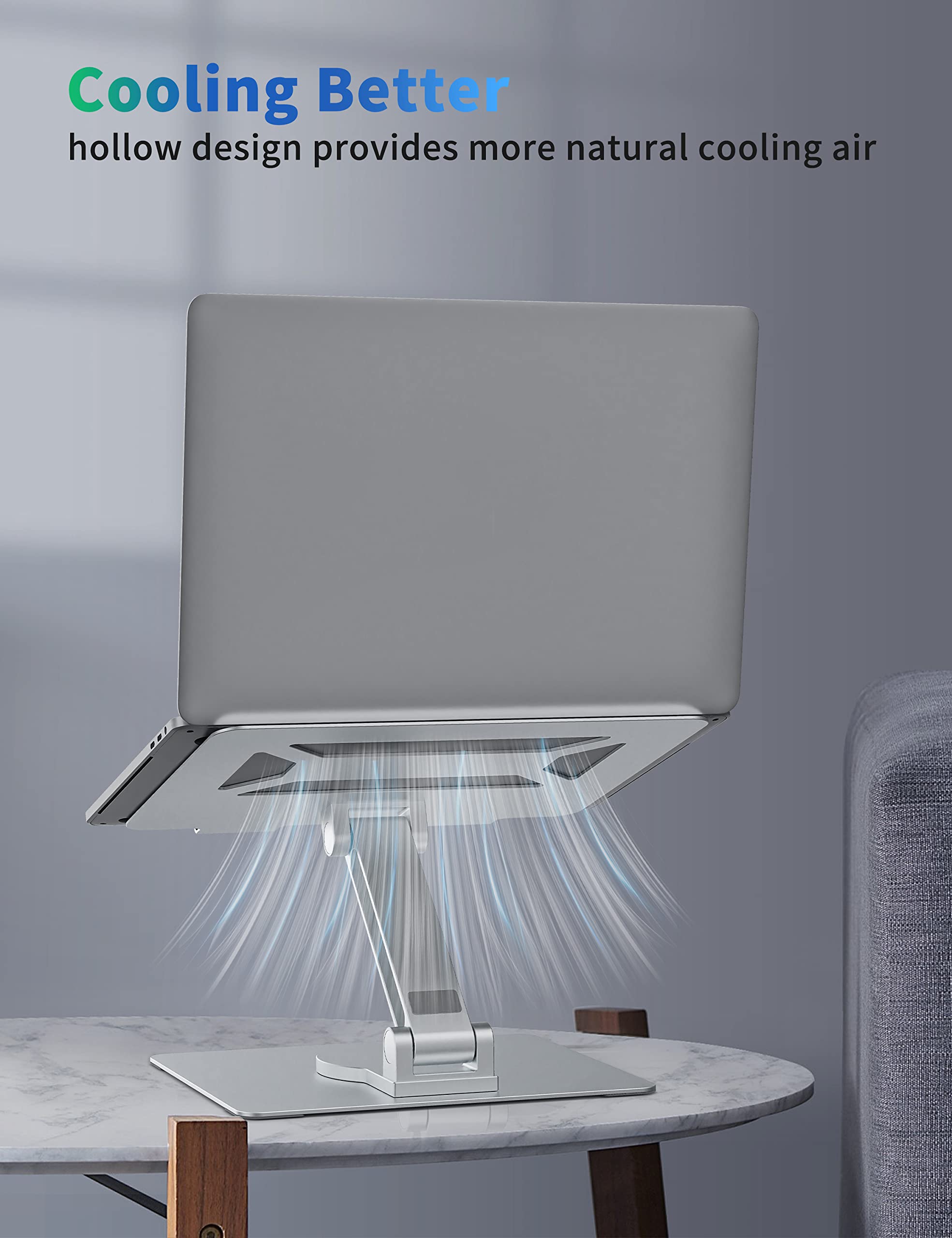 SOUNDANCE Adjustable Laptop Stand with 360° Rotating Heavy Base, Ergonomic Laptop Riser for Desk, Stable Laptop Holder for Collaborative Working, Suit for 10-15.6" PC Computer, Single Shaft, Silver
