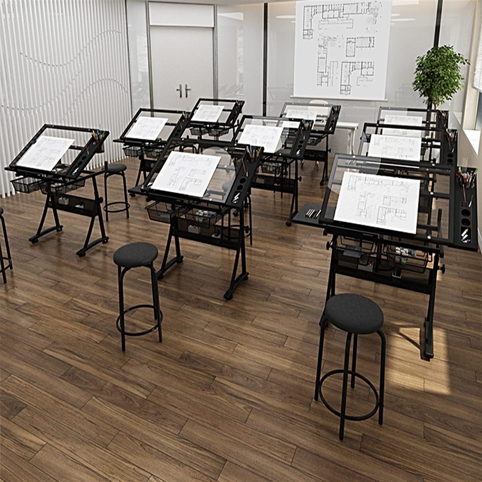 Adjustable Glass Drafting Table,Versatile Art Study Table,with Storage Drawers,Art Studio Design Sketching Painting Work Station