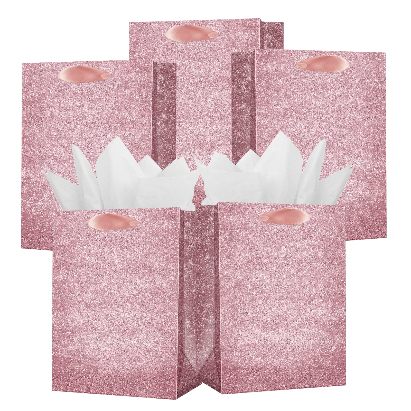 UNIQOOO 12Pcs Embossed Pink Glitter Gift Bags with 24 Tissue Paper Bulk, M 9x7 In, Rose Gold Gift Wrap Bags, Wedding Bridal Favor Bag Gift Packaging, For Christmas, Baby Shower Birthday Holiday Party