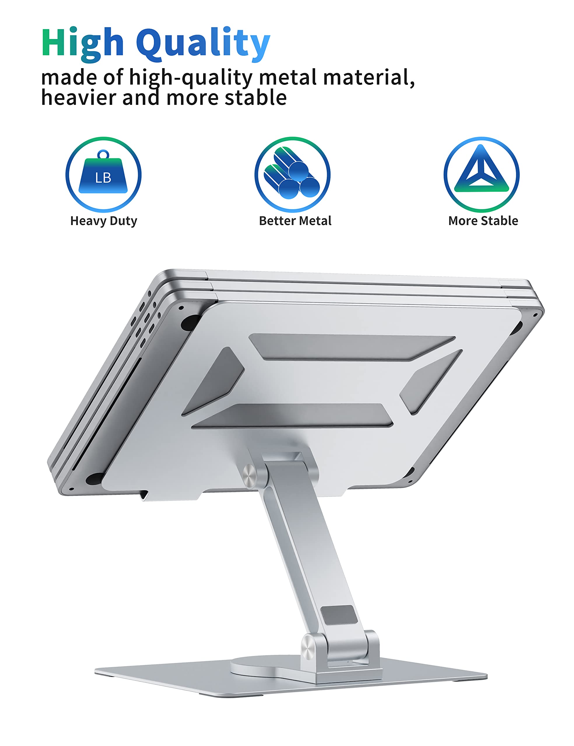 SOUNDANCE Adjustable Laptop Stand with 360° Rotating Heavy Base, Ergonomic Laptop Riser for Desk, Stable Laptop Holder for Collaborative Working, Suit for 10-15.6" PC Computer, Single Shaft, Silver