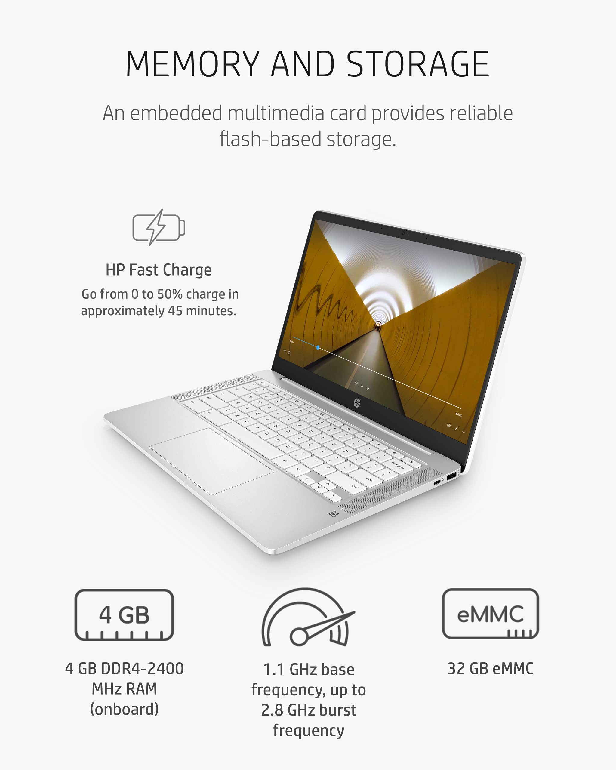 HP Chromebook 14 Laptop, Intel Celeron Processor, 4 GB RAM, 32 GB eMMC, 14” HD (1366 x 768) Touchscreen, Chrome OS, Webcam & Dual Mics, Work, Entertainment, Long Battery Life (14a-na0140nr, 2021)