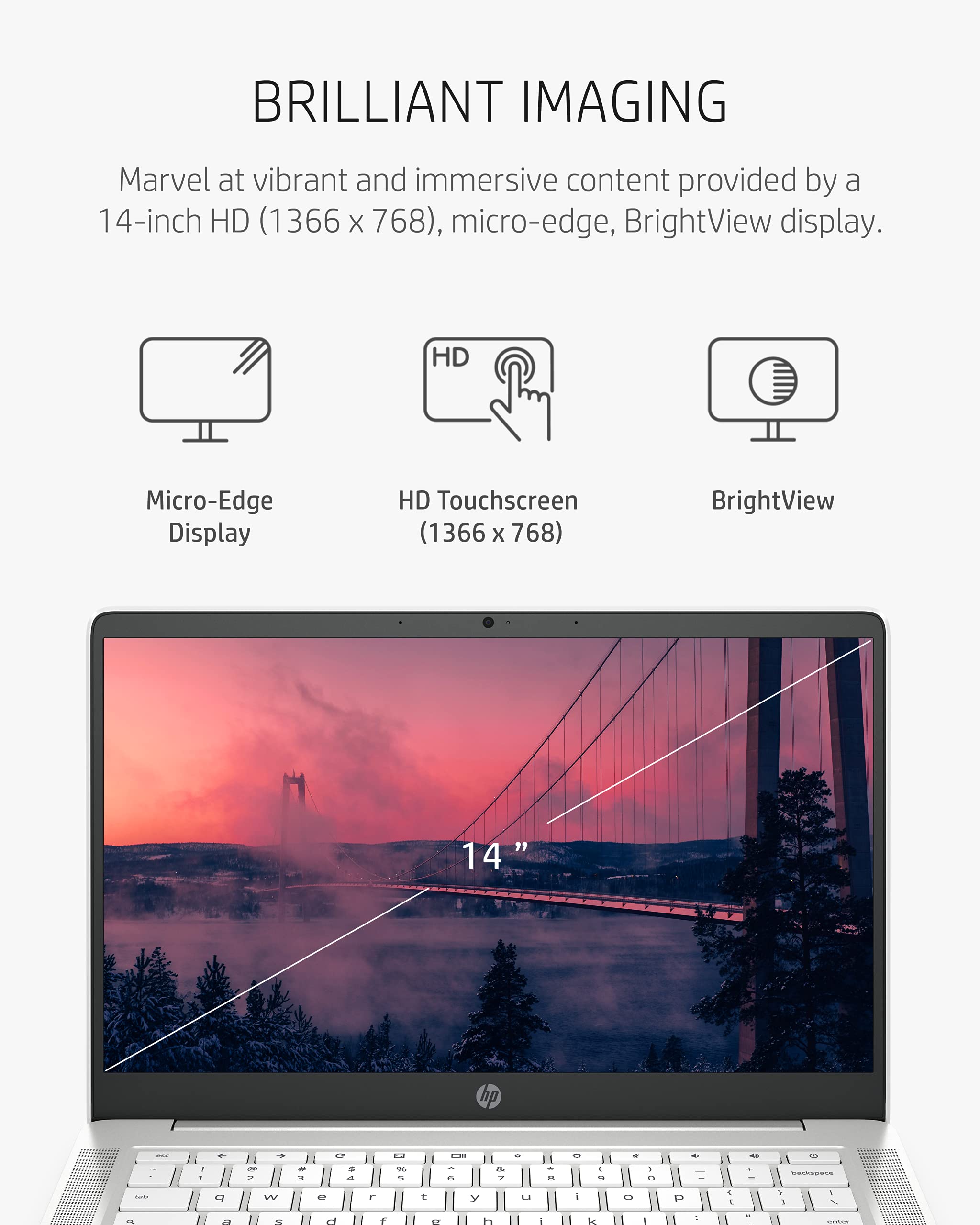 HP Chromebook 14 Laptop, Intel Celeron Processor, 4 GB RAM, 32 GB eMMC, 14” HD (1366 x 768) Touchscreen, Chrome OS, Webcam & Dual Mics, Work, Entertainment, Long Battery Life (14a-na0140nr, 2021)