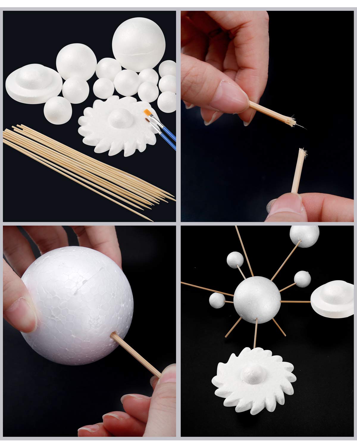 Pllieay Solar System Model Foam Ball Kit Includes 14PCS Mixed Sized Polystyrene Spheres Balls, 12PCS Bamboo Sticks, 12 Color Pigments, 2PCS Painting Brushes for School Science Projects