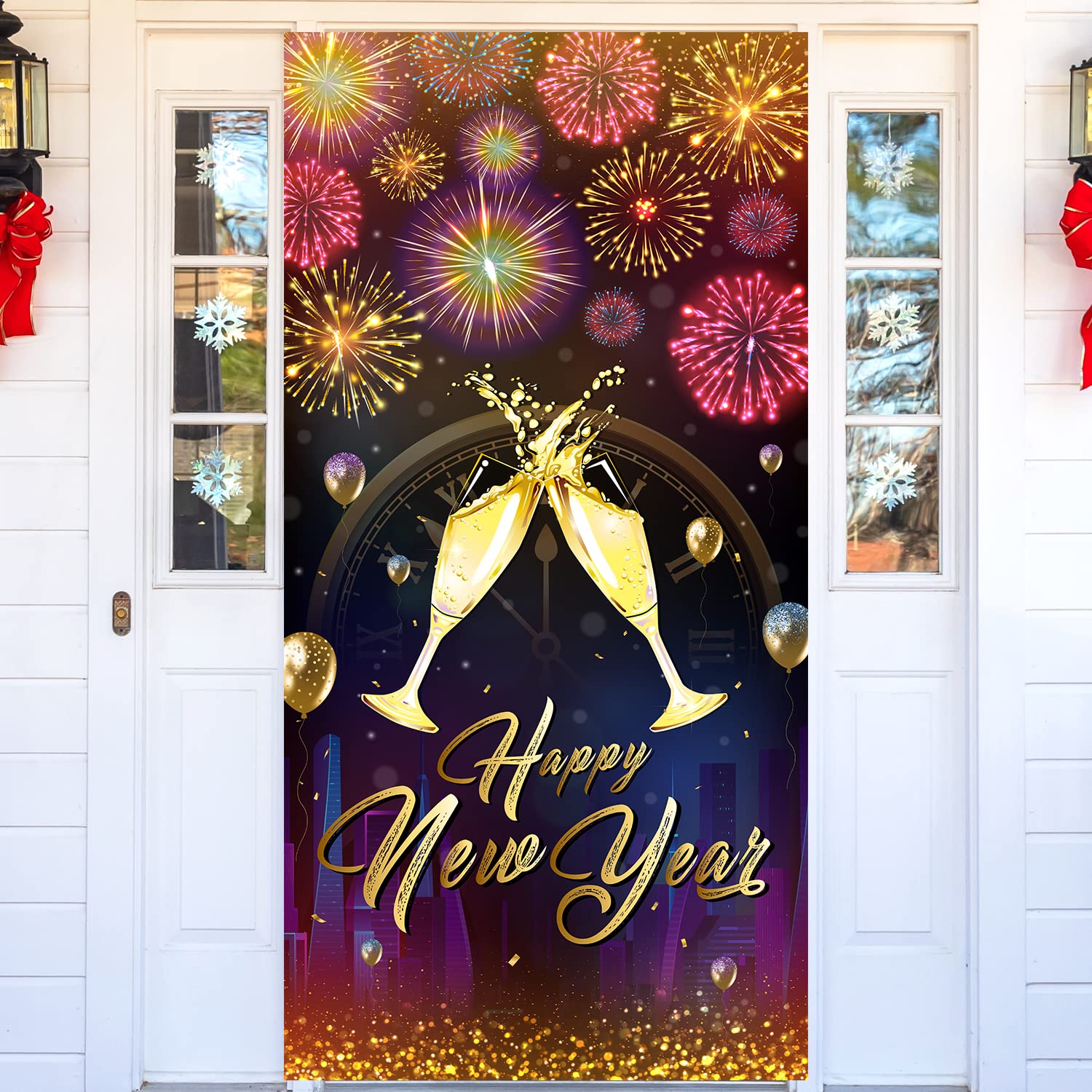 2023 Happy New Year Door Cover New Years Eve Party Supplies Happy New Year Background Banner for Front Door Decor Photo Supplies Indoor Outdoor (Fireworks)