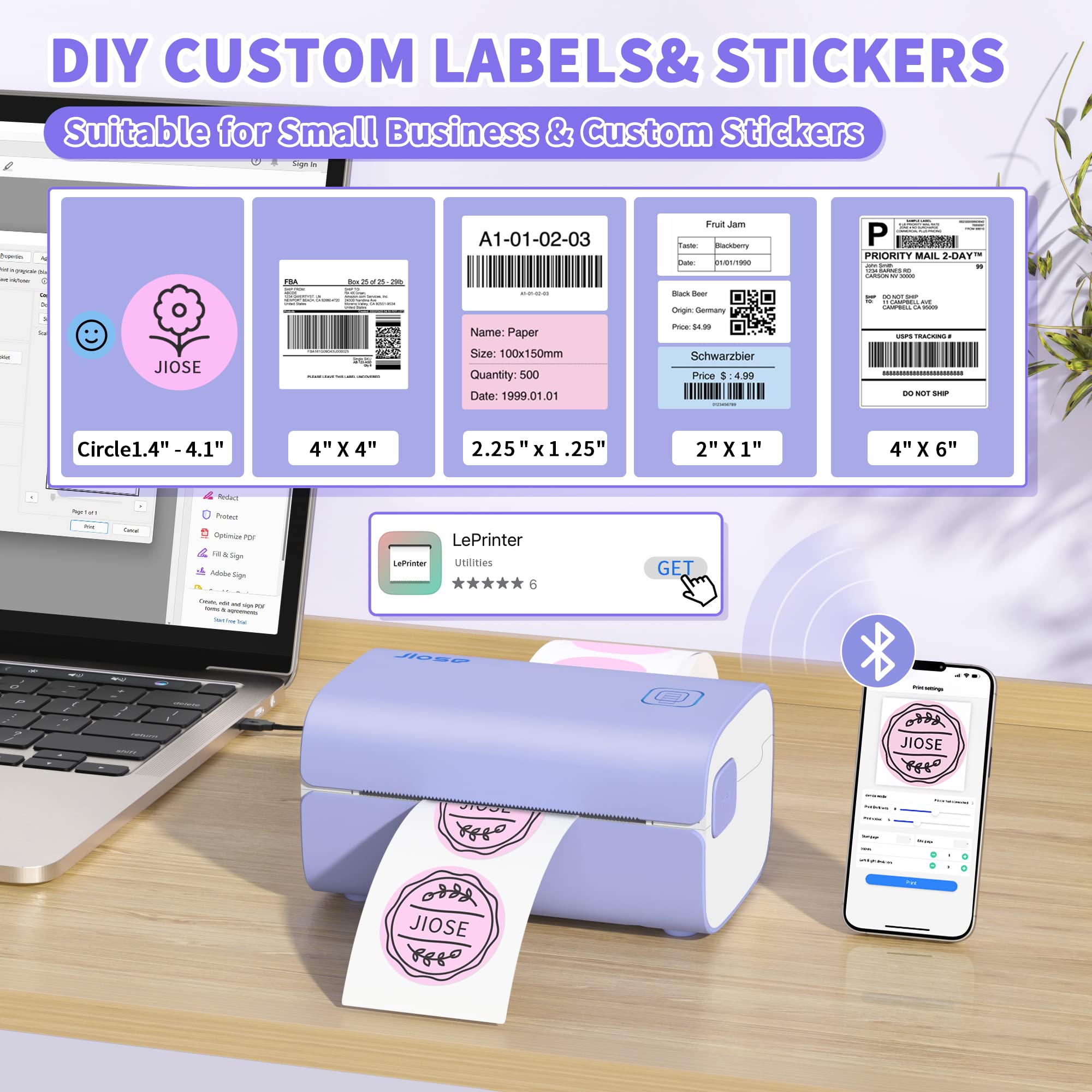 Jiose Bluetooth Thermal Shipping Label Printer - Desktop Shipping Label Printer - Print Custom Stickers - Support Chrome OS, Mac, Windows, Android, iOS for 4x6 Shipping Package Labels