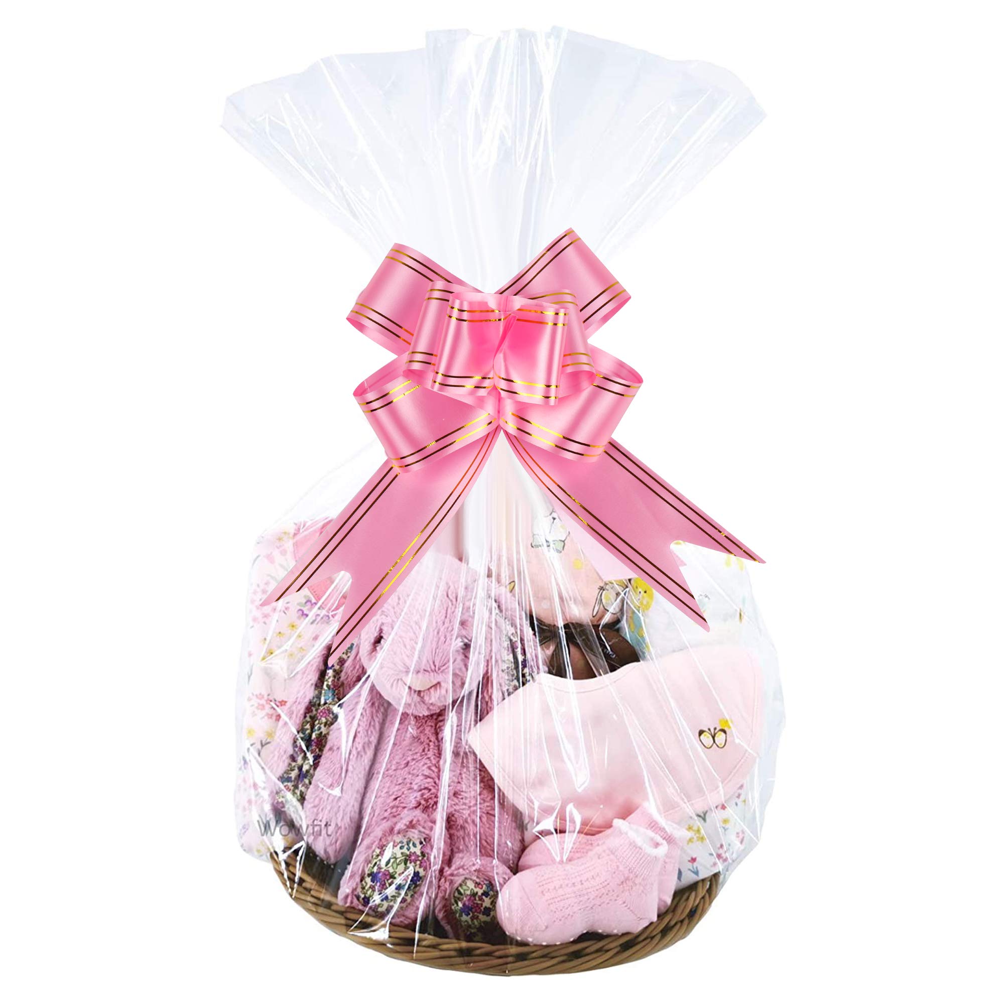 Kolewo4ever 20pcs 18 x 32 inches Clear Cellophane Gift Bags Package Bags with 20pcs pull bow for Wrapping Baskets Cello Wrap Basket Bag