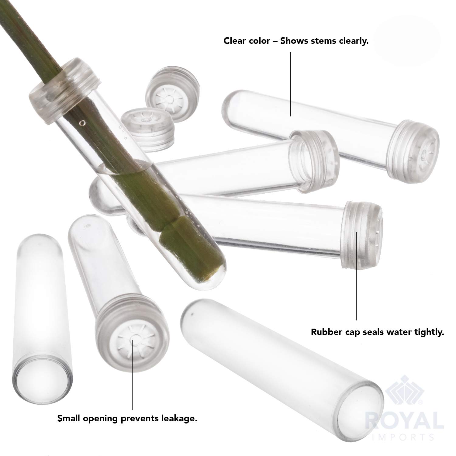 Royal Imports Floral Water Tubes/Vials for Flower Arrangements, Clear - 3" (1/2" Opening) - Standard - 25/Pack - w/Caps