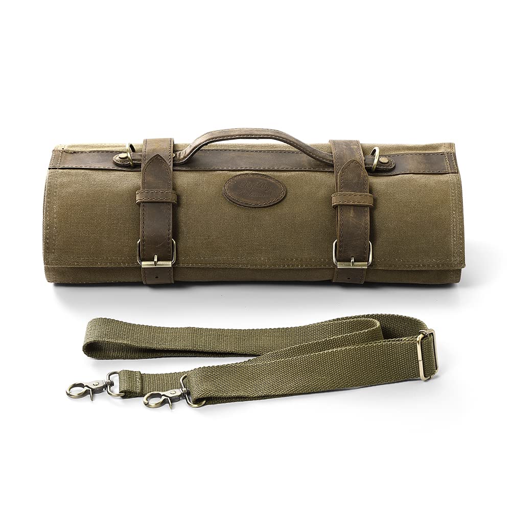 HEZHEN Chef Knife Roll Bag 16oz Oil Waxed Canvas, Heavy Duty Portable Backpack Knife Case Storage, 12 Slots & 2 Zipper Pockets, Detachable Adjustable Leather Shoulder Strap Belt(Not Included Knives)