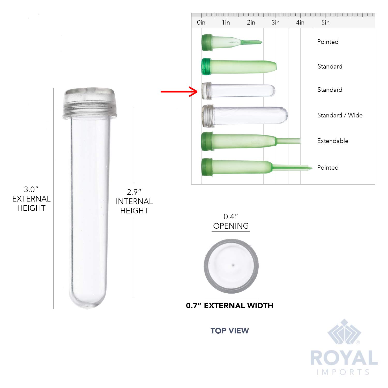 Royal Imports Floral Water Tubes/Vials for Flower Arrangements, Clear - 3" (1/2" Opening) - Standard - 25/Pack - w/Caps